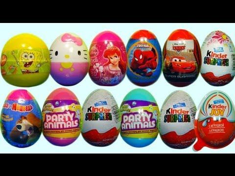 12 Kinder Surprise  and Surprise Eggs SpongeBob HELLO KITTY Cars Disney Princess SPIDER MAN!