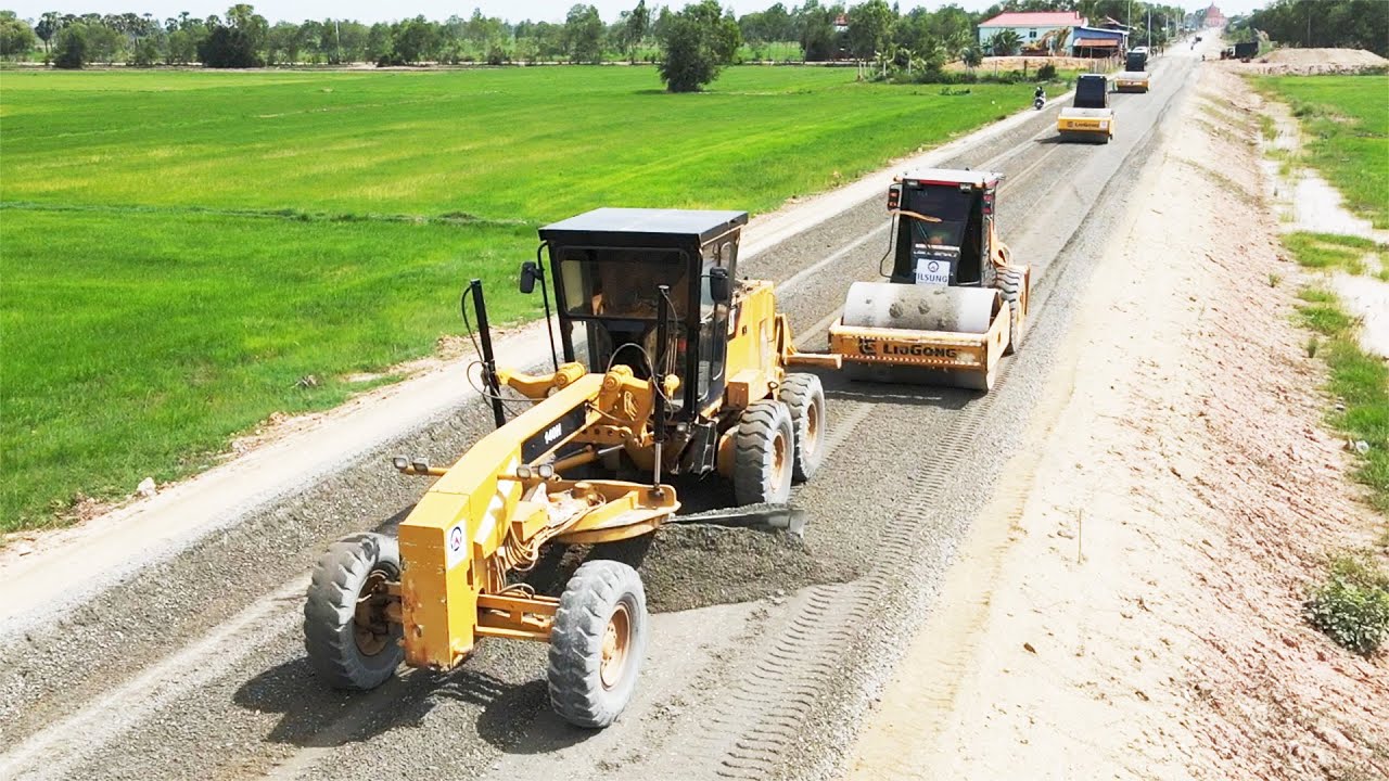 Amazing Motor Grader Grading Gravel Building Foundation Road, Road ...