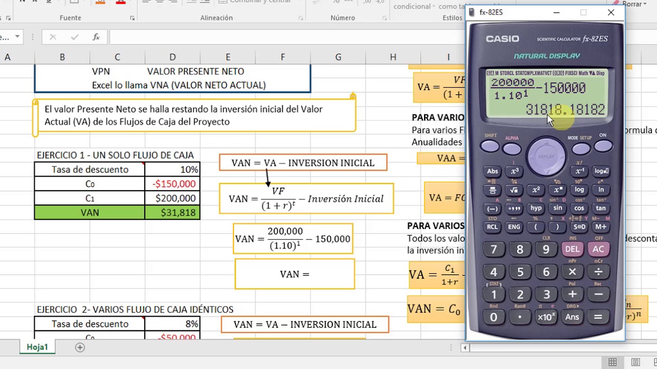 Como hallar el VAN Valor Actual Neto en excel y en calculadora - YouTube