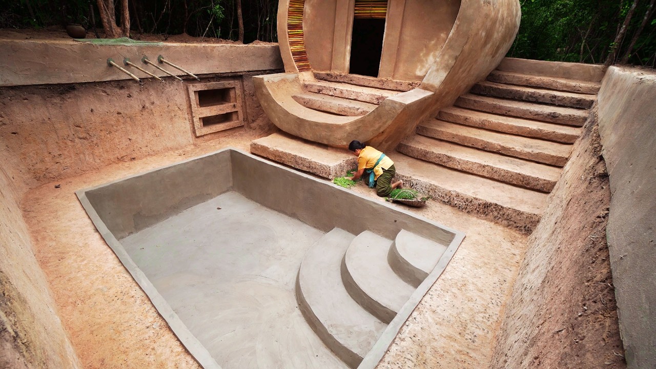 Building a Private Modern Mud House and Underground Swimming Pool for ...