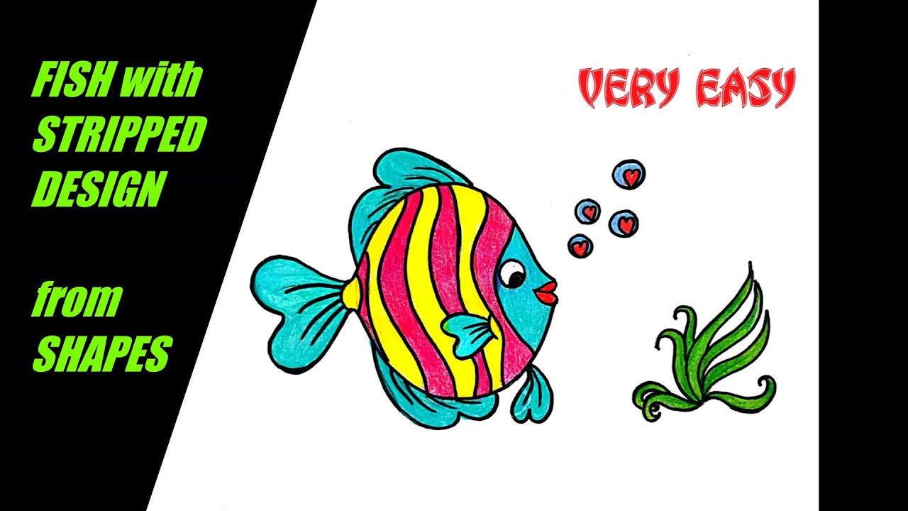 How to draw FISH / STRIPPED FISH / from SHAPES / EASY / Step by step ...