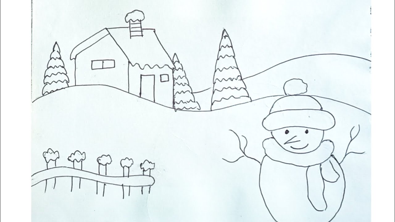 How to draw winter season scenery || easy drawing of hill station ...