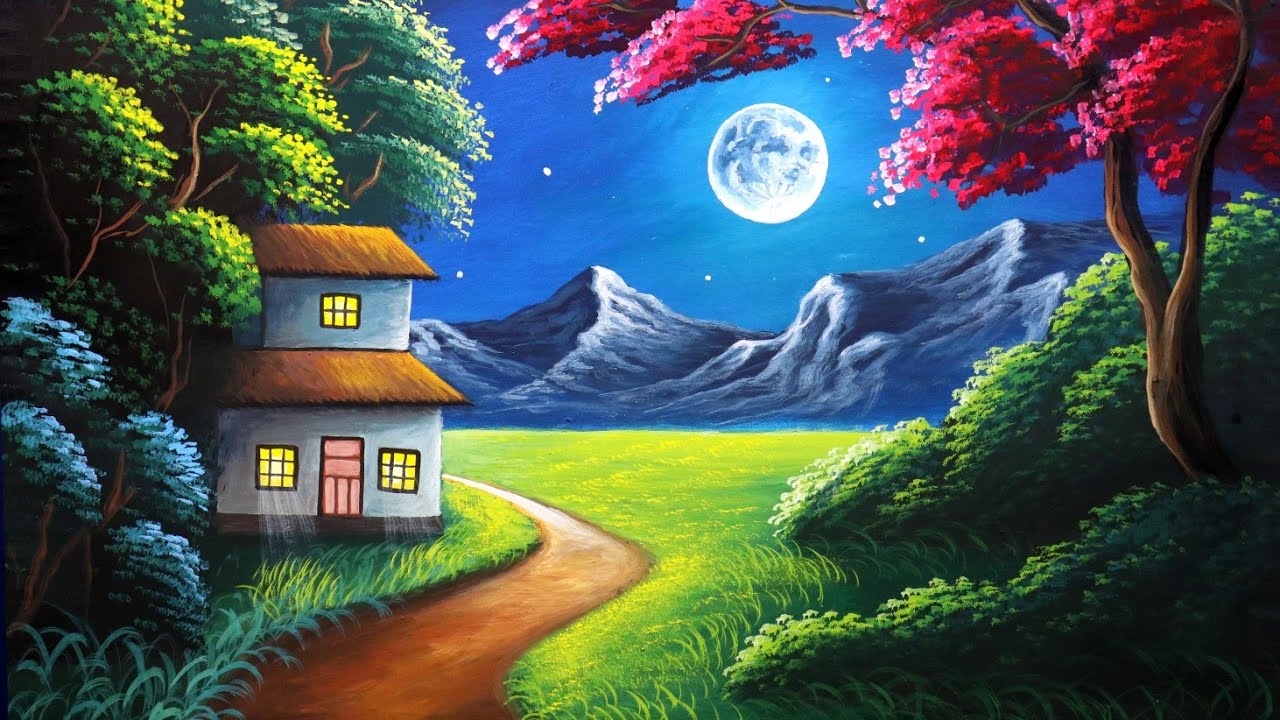 Beautiful Moonlight night scenery painting | painting 536 - YouTube