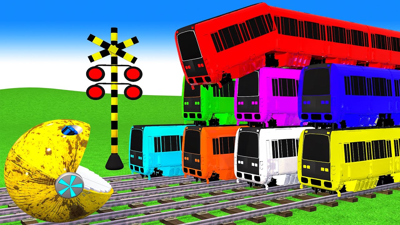 踏切アニメ あぶない電車 TRAIN vs PACMAN 🚦 Fumikiri 3D Railroad Crossing Animation ...