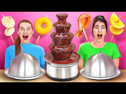 CHOCOLATE FOUNTAIN FONDUE CHALLENGE || Chocolate VS Real Food For 24 Hours By 123 GO! CHALLENGE