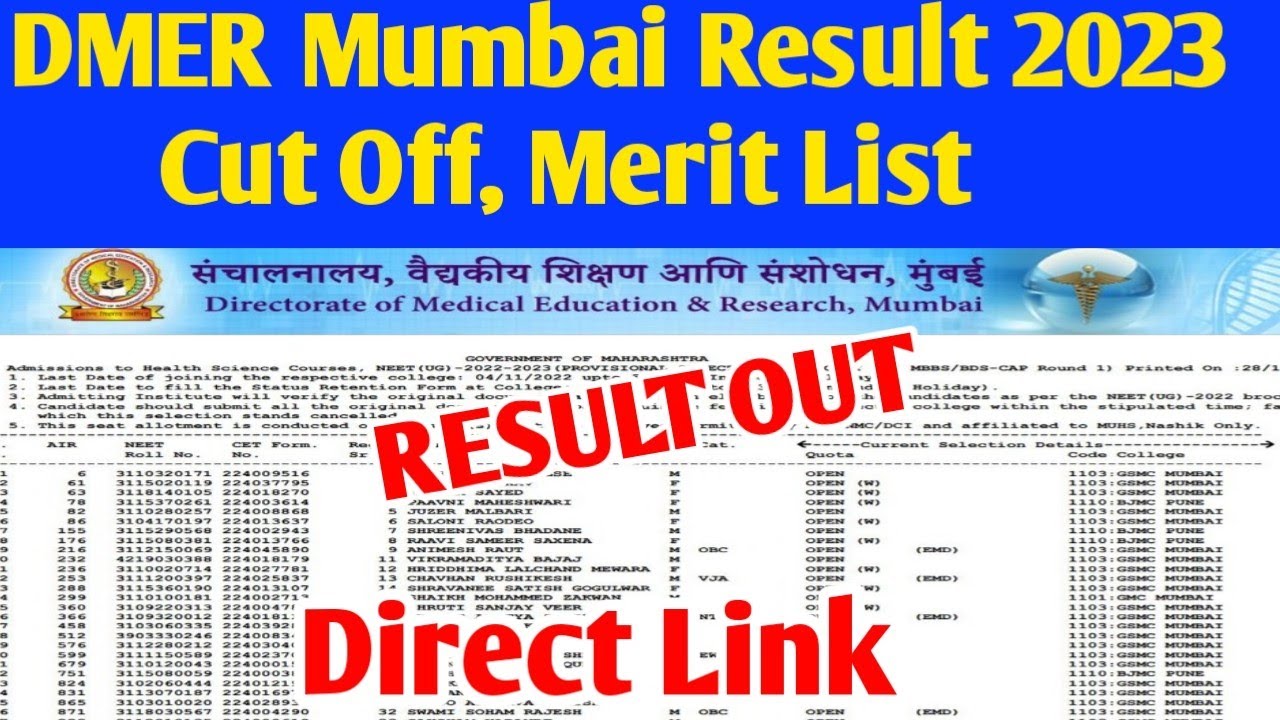 DMER Mumbai Result 2023 |Cut Off Mark | dmer mumbai merit list 2023 ...