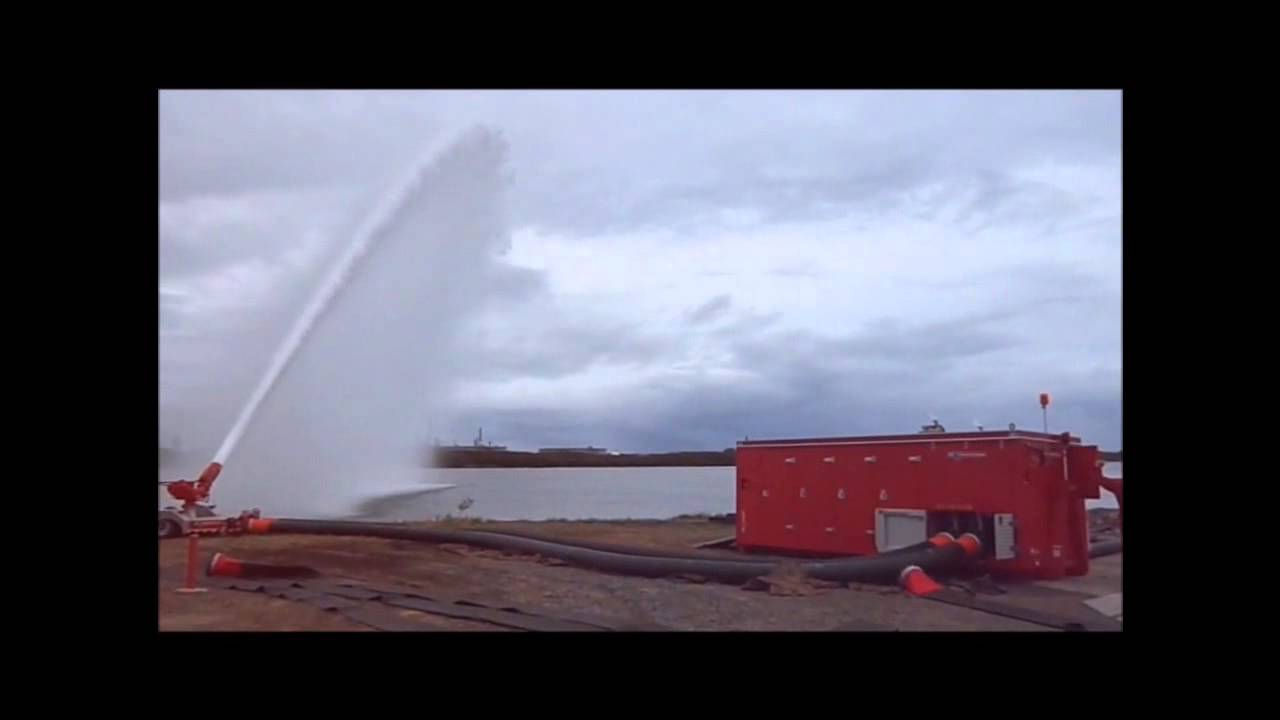 Hytrans HS1200F mobile fire system supplying 30,000 lpm of water to the ...