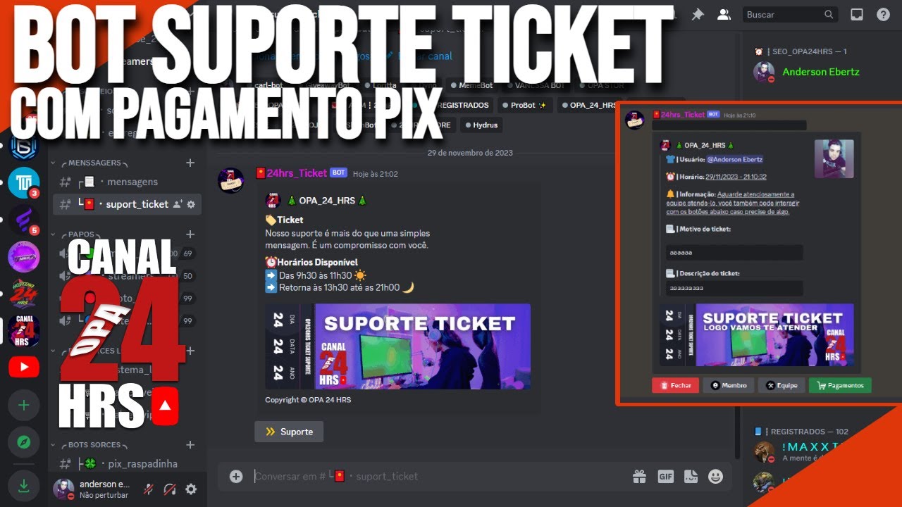 BOT SUPORTE TICKET DISCORD COM PAGAMENTO PIX - YouTube