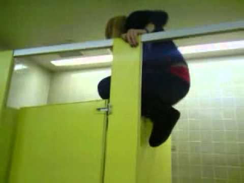 Girl climbs out of bathroom stall - YouTube