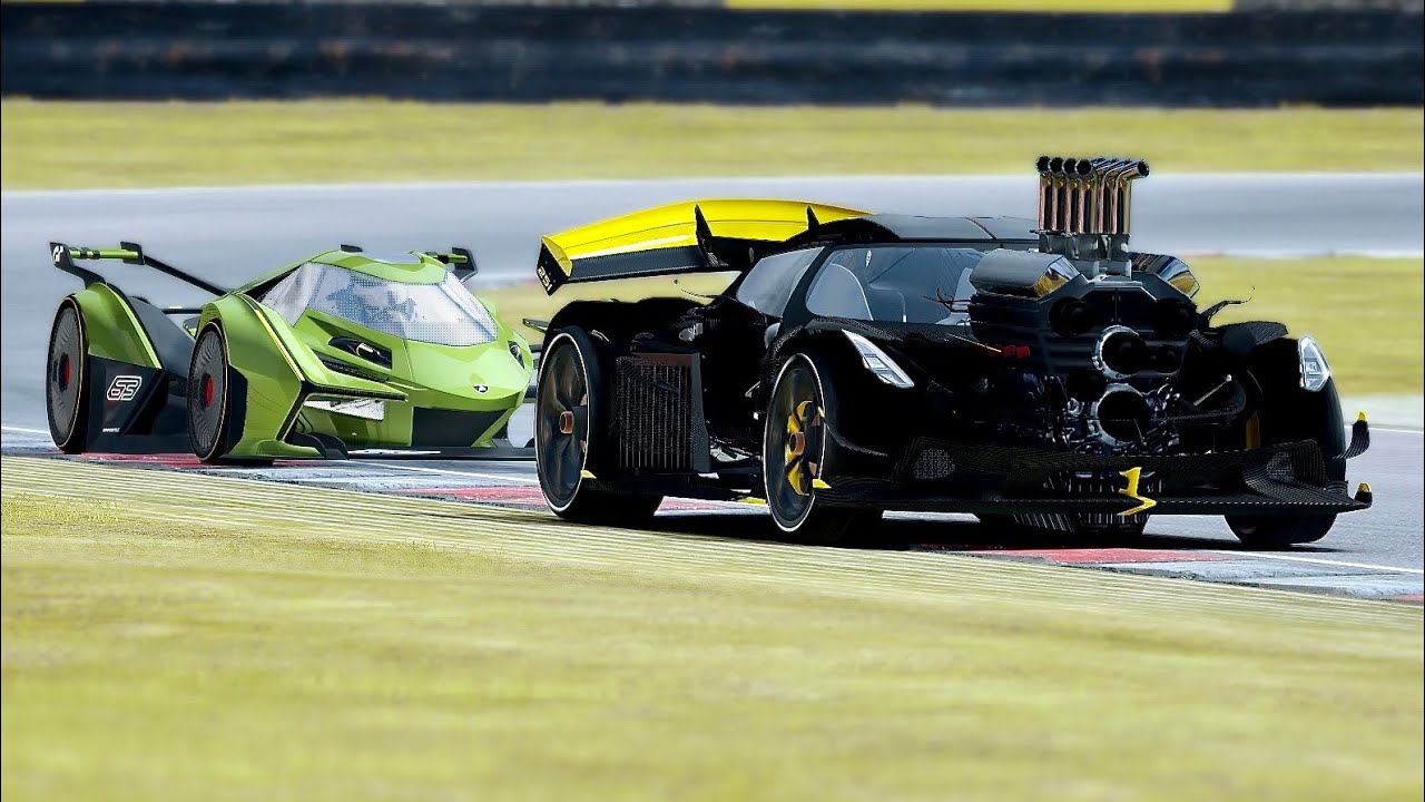 Koenigsegg Godzilla Dragster vs Lamborghini V12 Vision GT at Brands ...