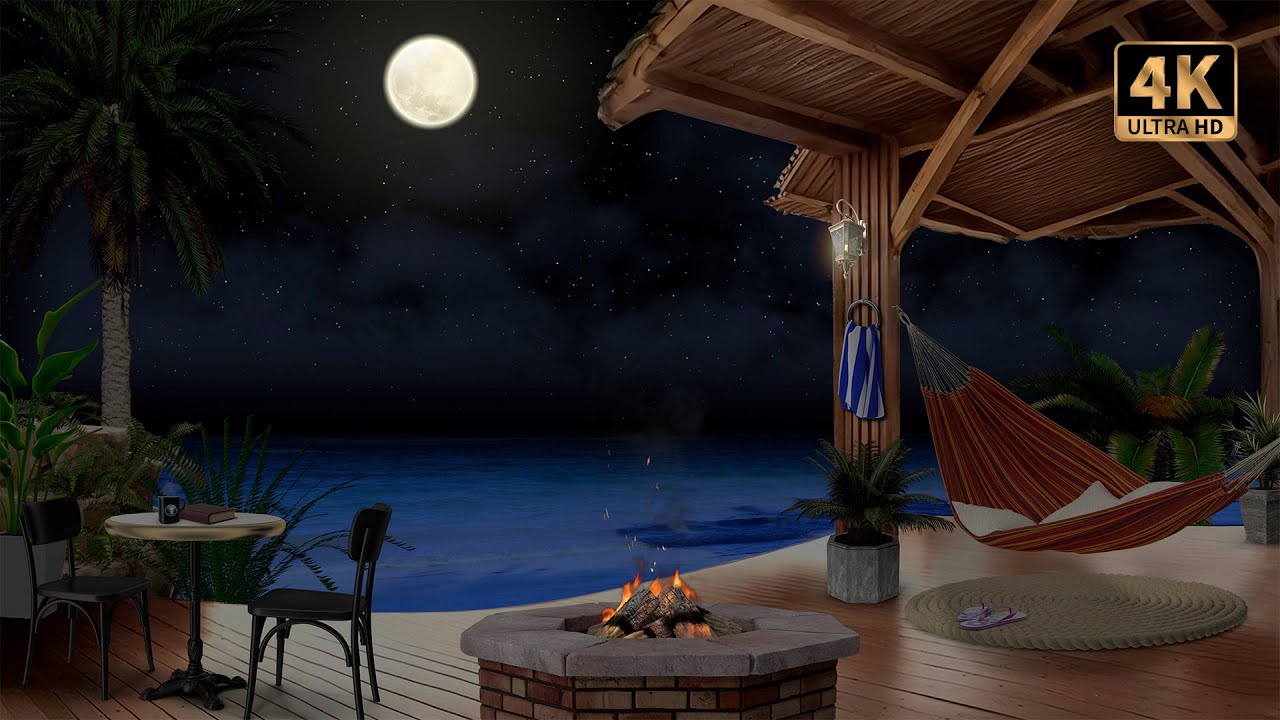 Moonlit Beach House Ambience with Crackling Fire & Ocean Waves. ASMR for Relaxation & Sleep | 4K ...