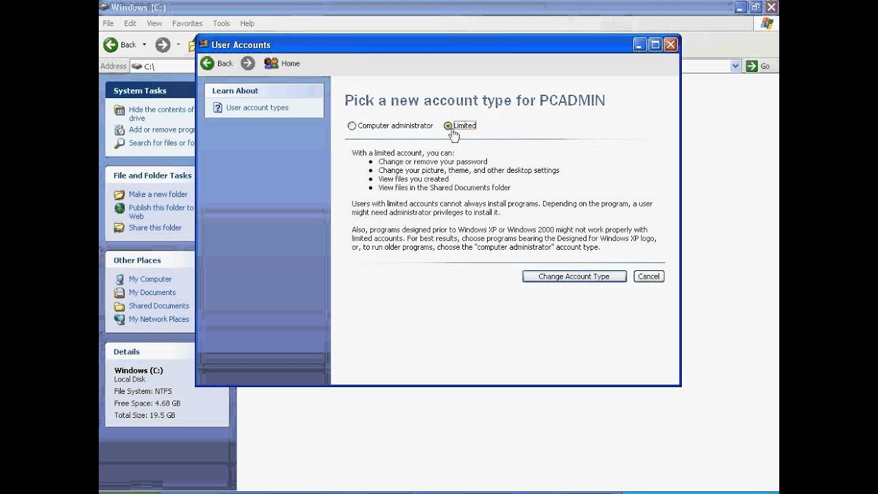 23 Control Panel Changing Account Type Administrator Account to Limited ...