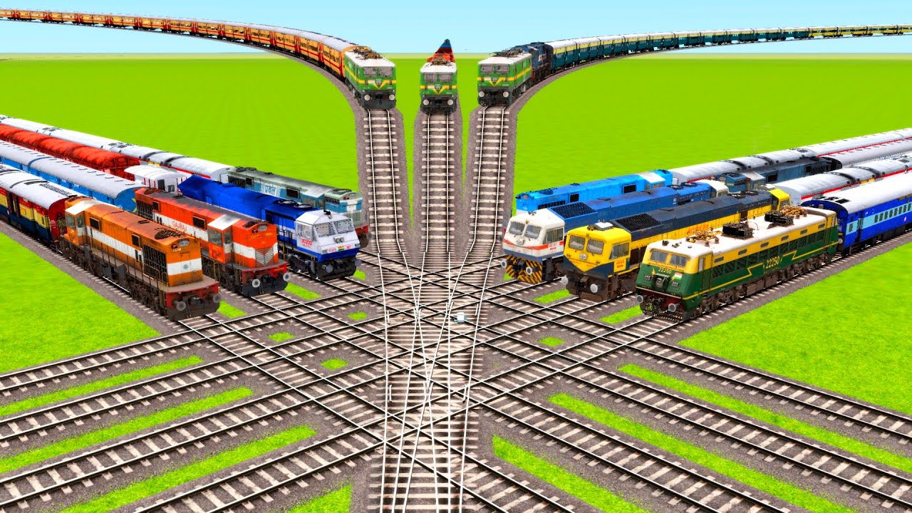 THREE SAME LOCOMOTIVE FLYING TRAINS VS EIGHT DIAMOND RAILROAD TRACKS ...