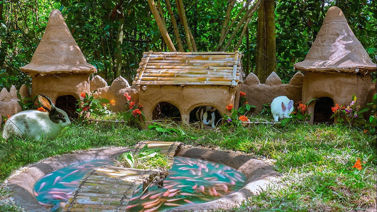 Building Pet Home For Three Rabbits With Totally Mud 100% - YouTube