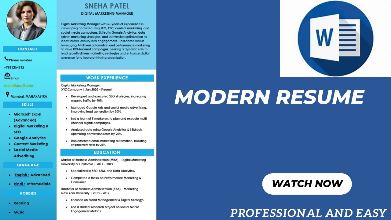 "Create a Modern Resume in MS Word | Step-by-Step Professional Resume ...