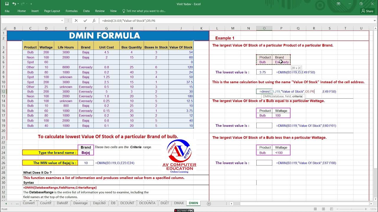 Excel Dmin Function Excel Dmin Formula How To Use The Excel Dmin Function Youtube
