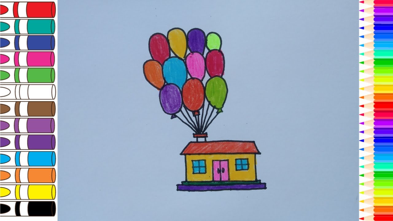House and Balloons, Drawing and Painting. How to draw House and ...