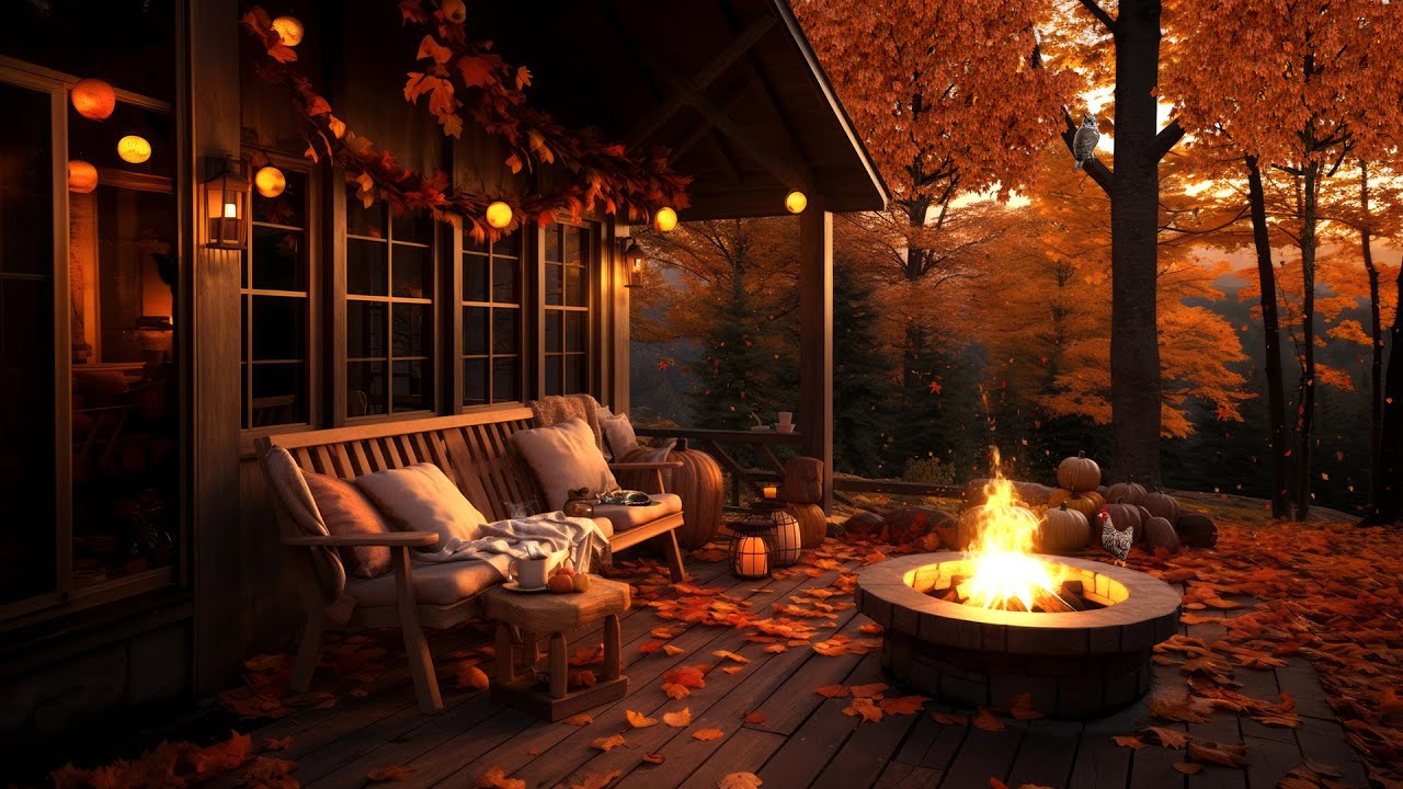 Fall Cozy Cabin Porch Ambience: Falling Leaves, Campfire and Relaxing ...