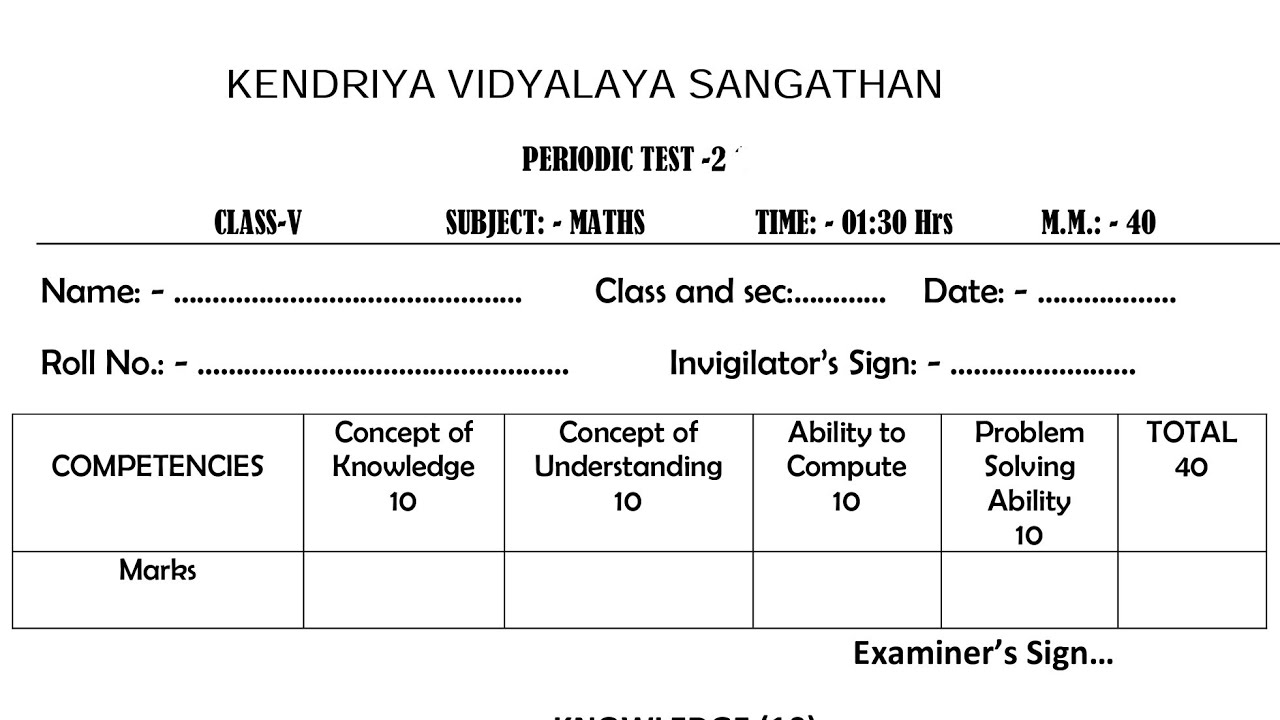 Class 5 MATHS Periodic Test 2 PT-2 Sample Question Paper for Kendriya ...