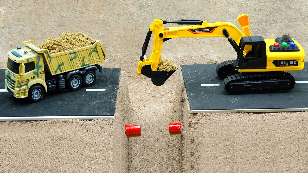 Construction vehicles repair the road | Excavator, crane truck and dump ...