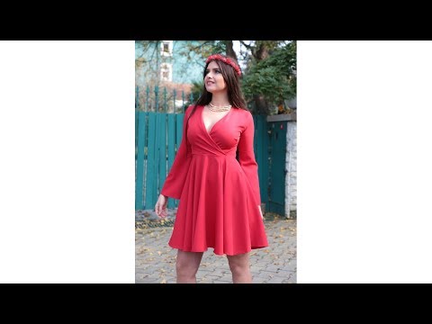 Atlas Kumaş Kolları ve Eteği Volanlı V yaka Mini Kloş Elbise