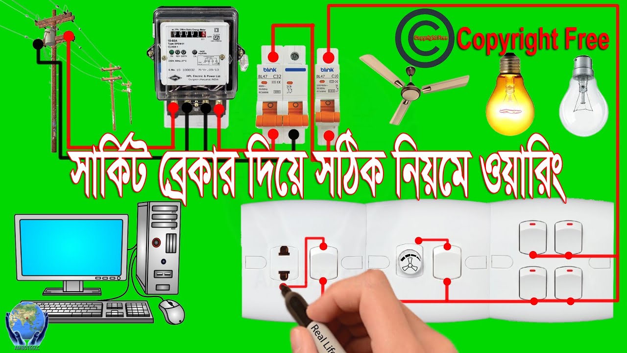 Electrical house wiring , Circuit Breaker, Meter and gang switch ...