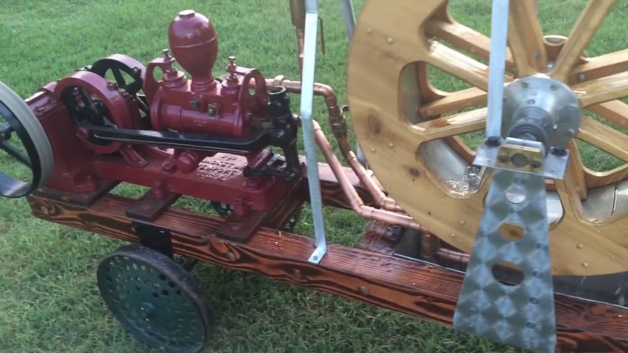 Stover hit and miss engine powered water wheel - YouTube