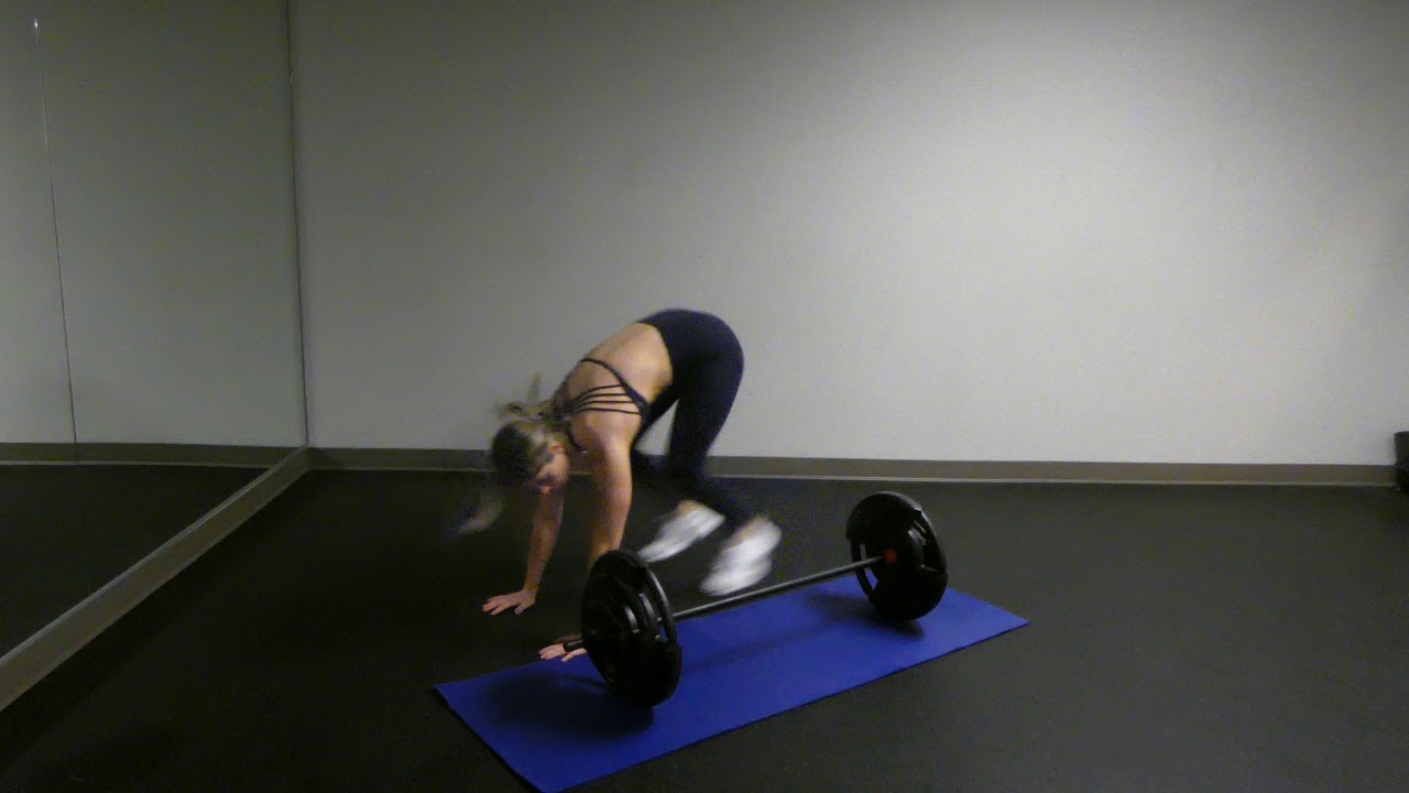 Barbell burpee jump over - YouTube