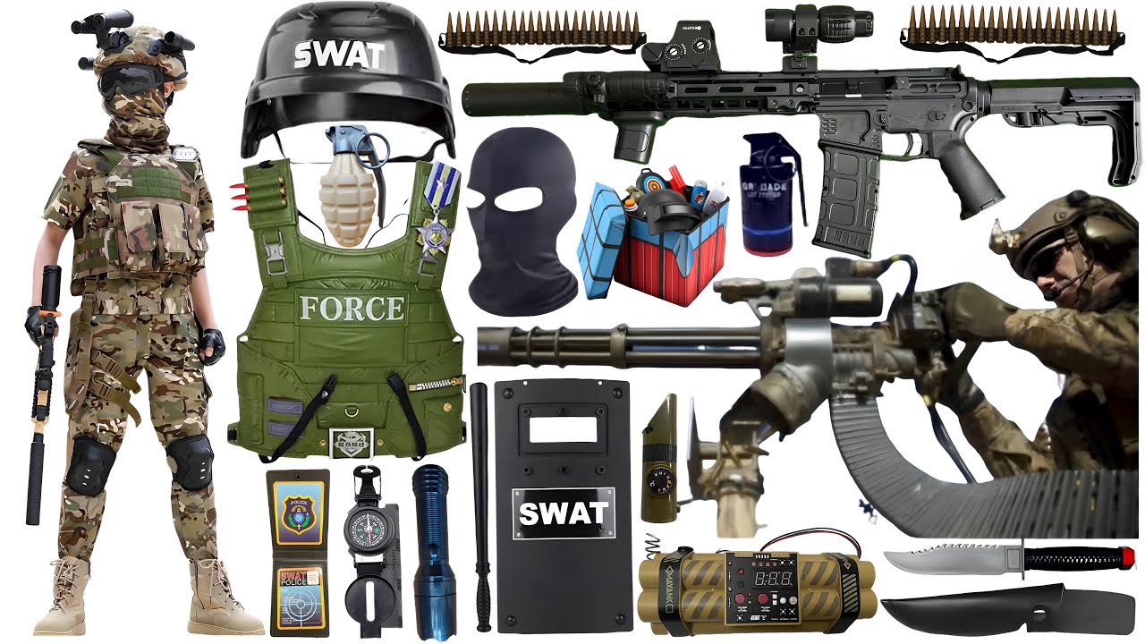 Unboxing of SWAT weapons toy set, including tactical helmet, Glock ...