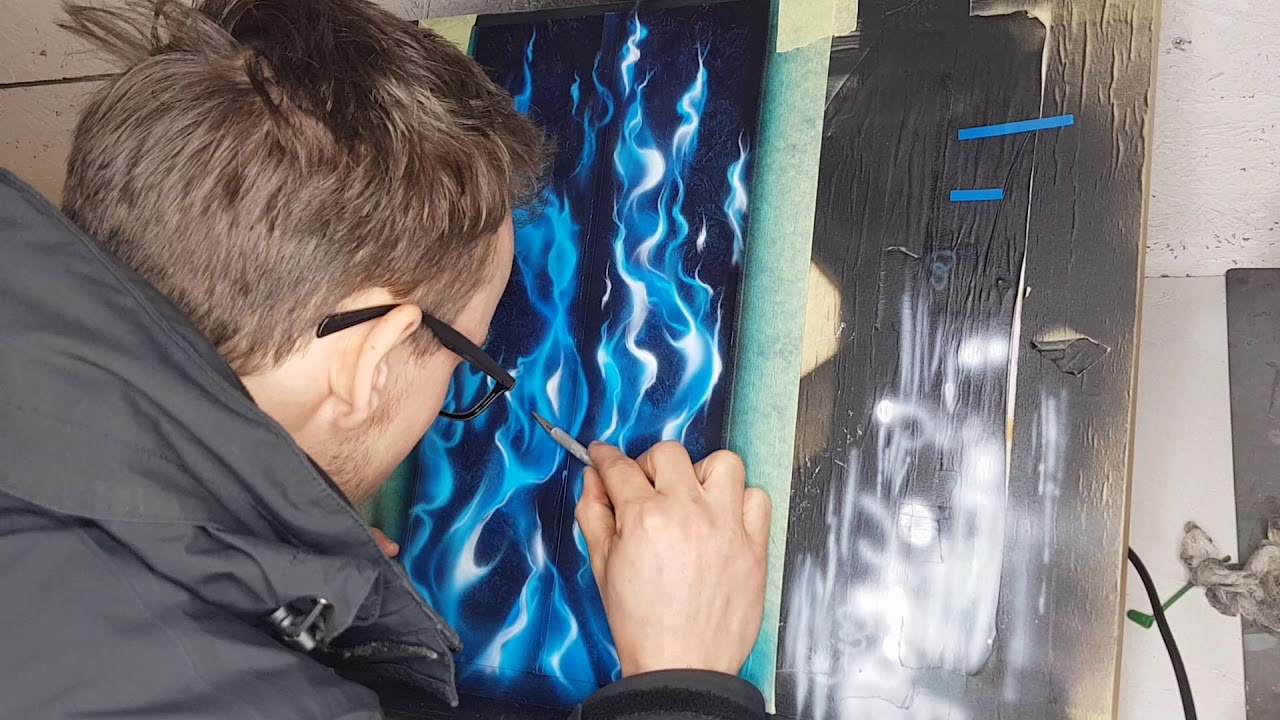 Airbrushing candy blue flames finishing layer. - YouTube