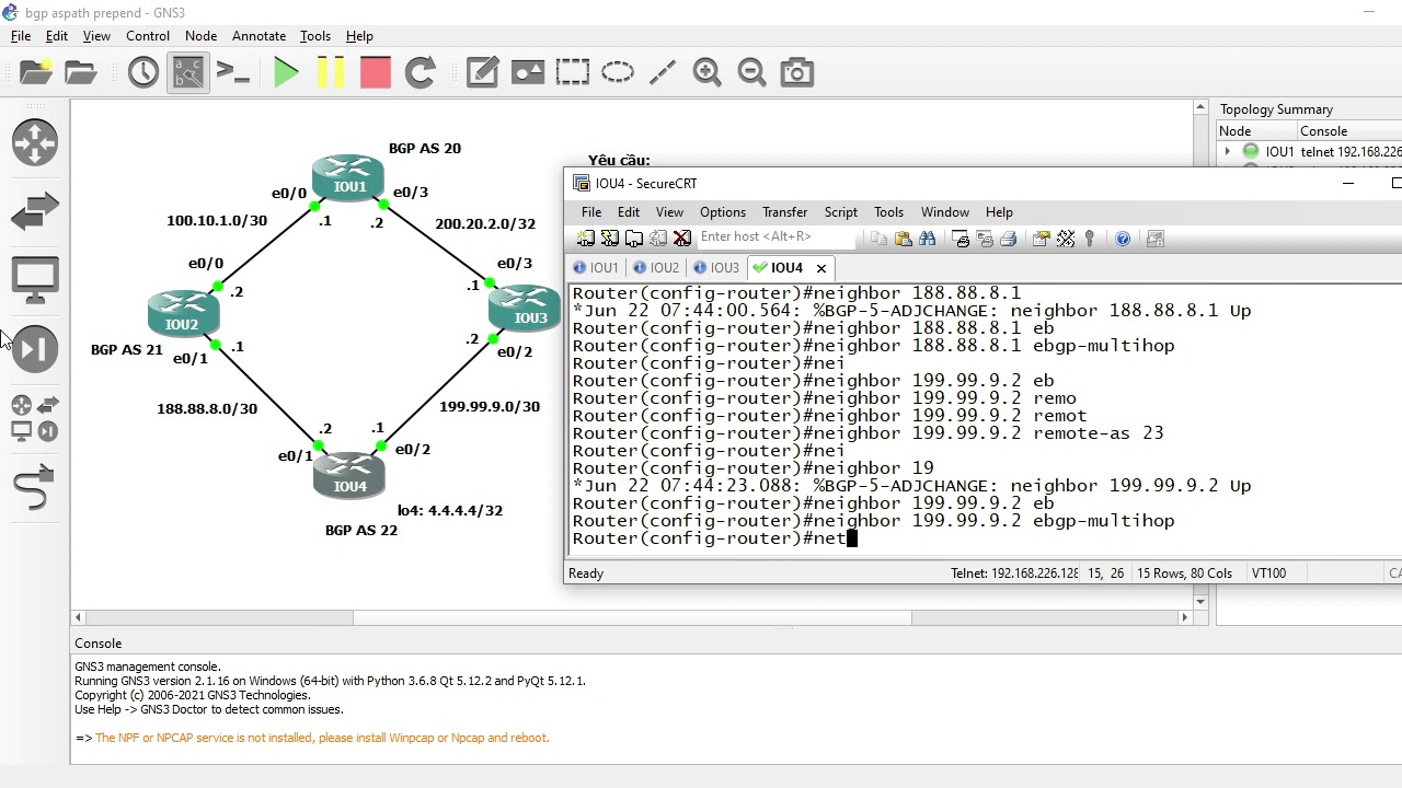 Lab BGP ASPATH : Cấu hình lựa chọn đường đi trong BGP sử dụng ASPATH Prepend, Origin code, MED ...