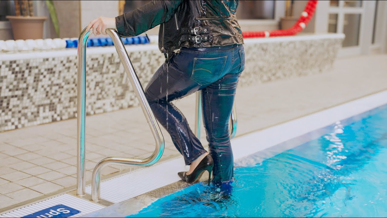 Pool swim in jeans and leather jacket - YouTube