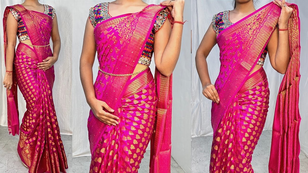 Banarasi silk saree draping in very easy steps| stone work silk saree ...
