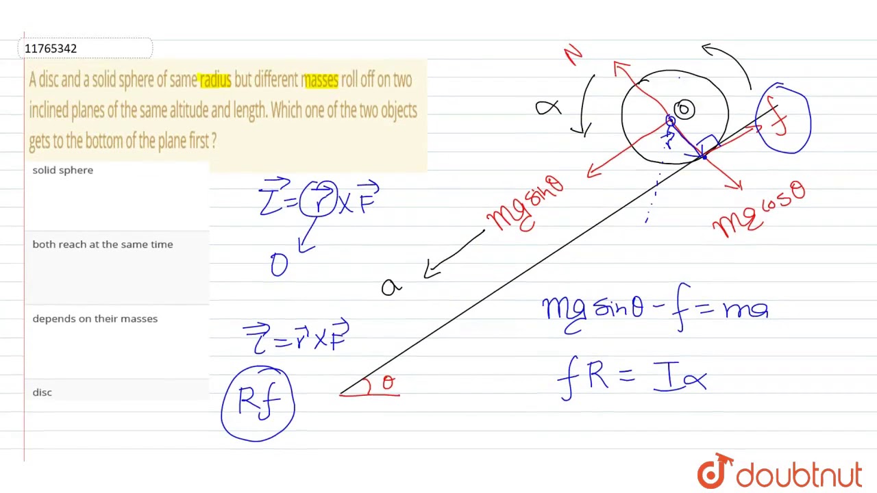 A disc and a solid sphere of same radius but different masses roll off ...