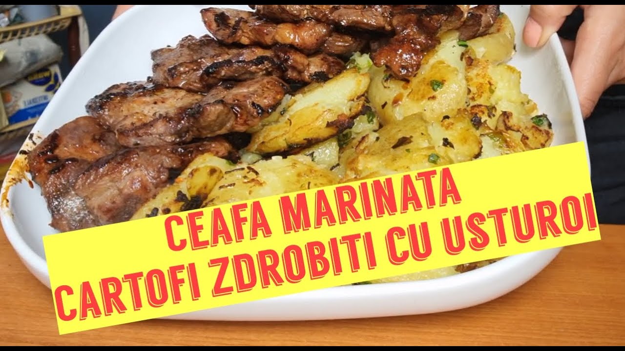 Ceafa marinata in vin rosu si cartofi noi zdrobiti cu usturoi! - YouTube