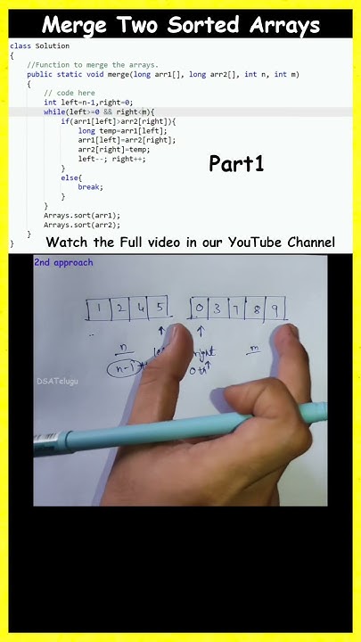 Merge two sorted arrays leetcode GeeksforGeeks java in telugu part1 O(1) space #dsa #coding # ...