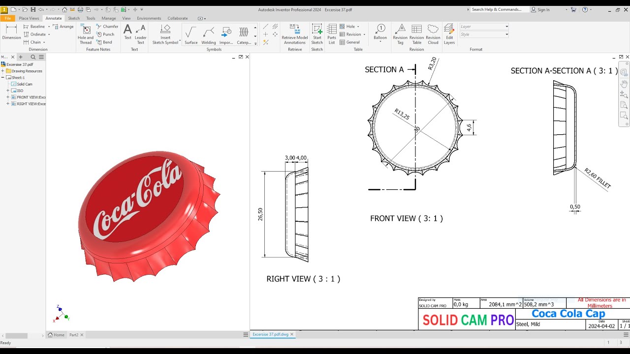 Autodesk inventor 2024 Exercise 38 Design Coca Cola Cap - YouTube