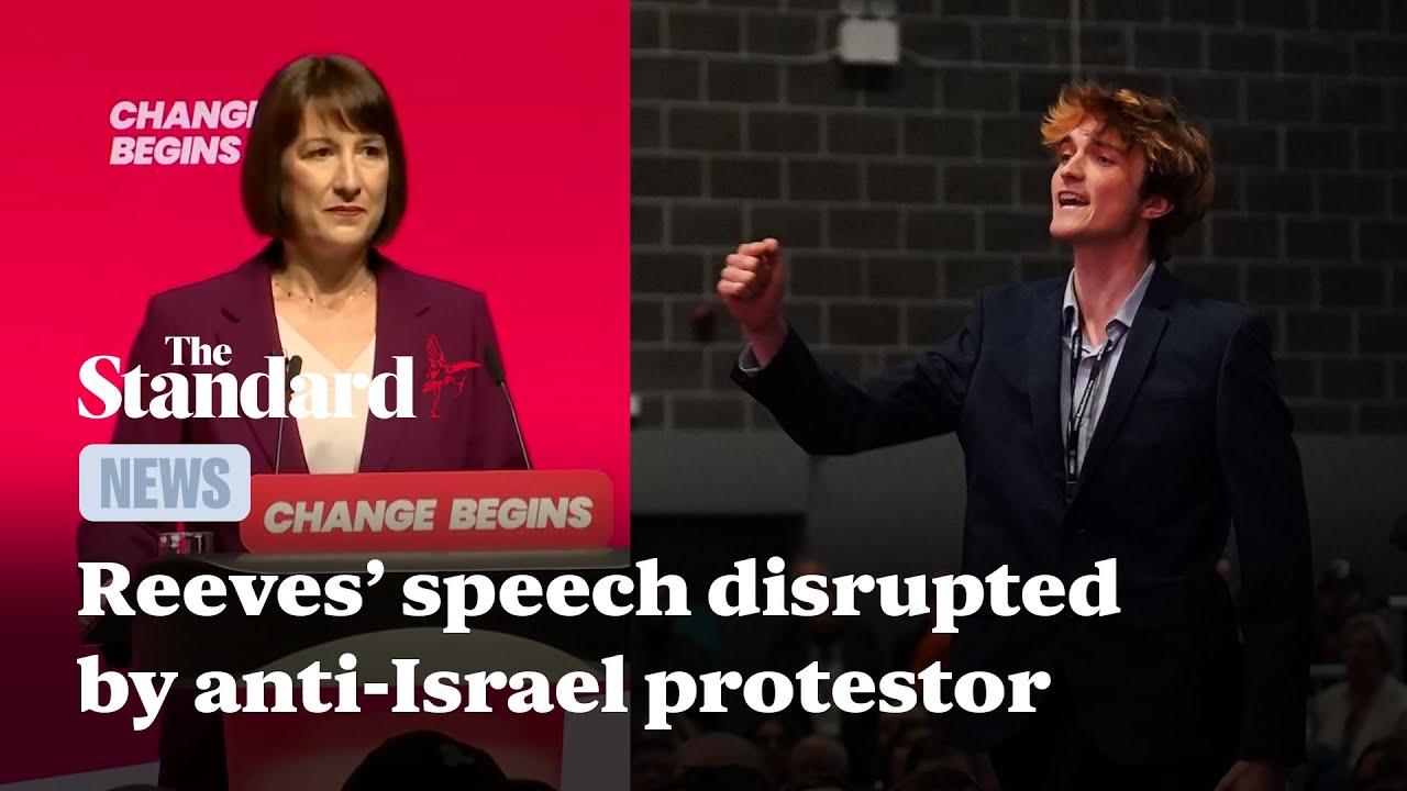 Moment Rachel Reeves' speech is disrupted by anti-Israel protester ...