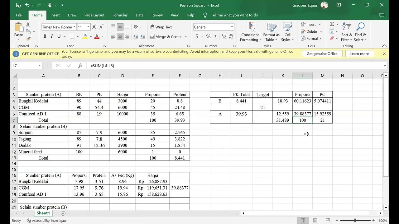 Formulasi Pakan Pearson Square dengan Excel - YouTube