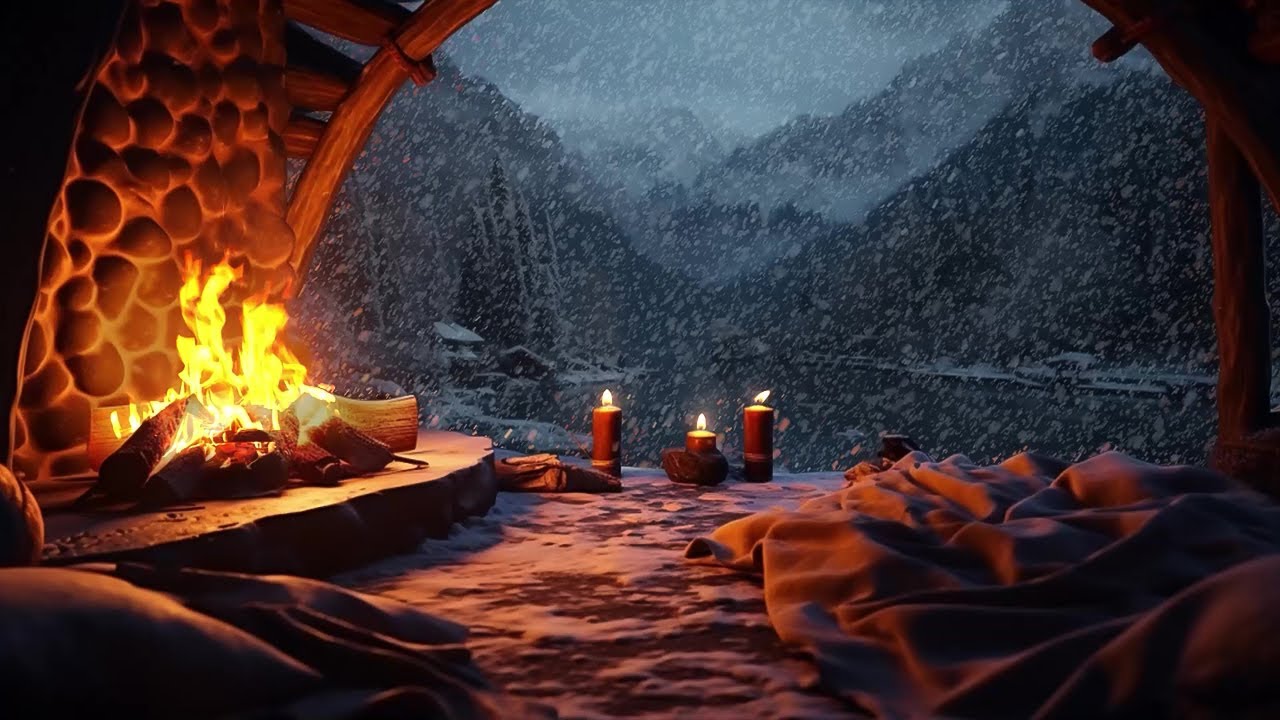 Unwind in a Cozy Winter Cave with a Roaring Fire🔥 Winter Atmosphere ...