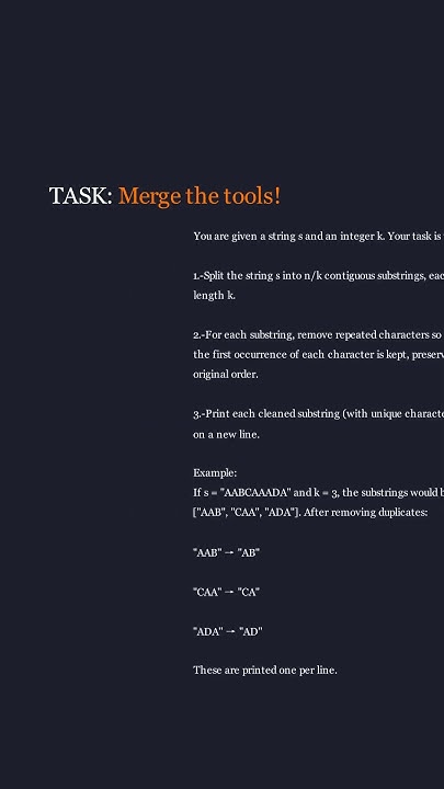 Reto #25 HackerRank Merge the tools! manim #manim #coding #python #hackerrank - YouTube