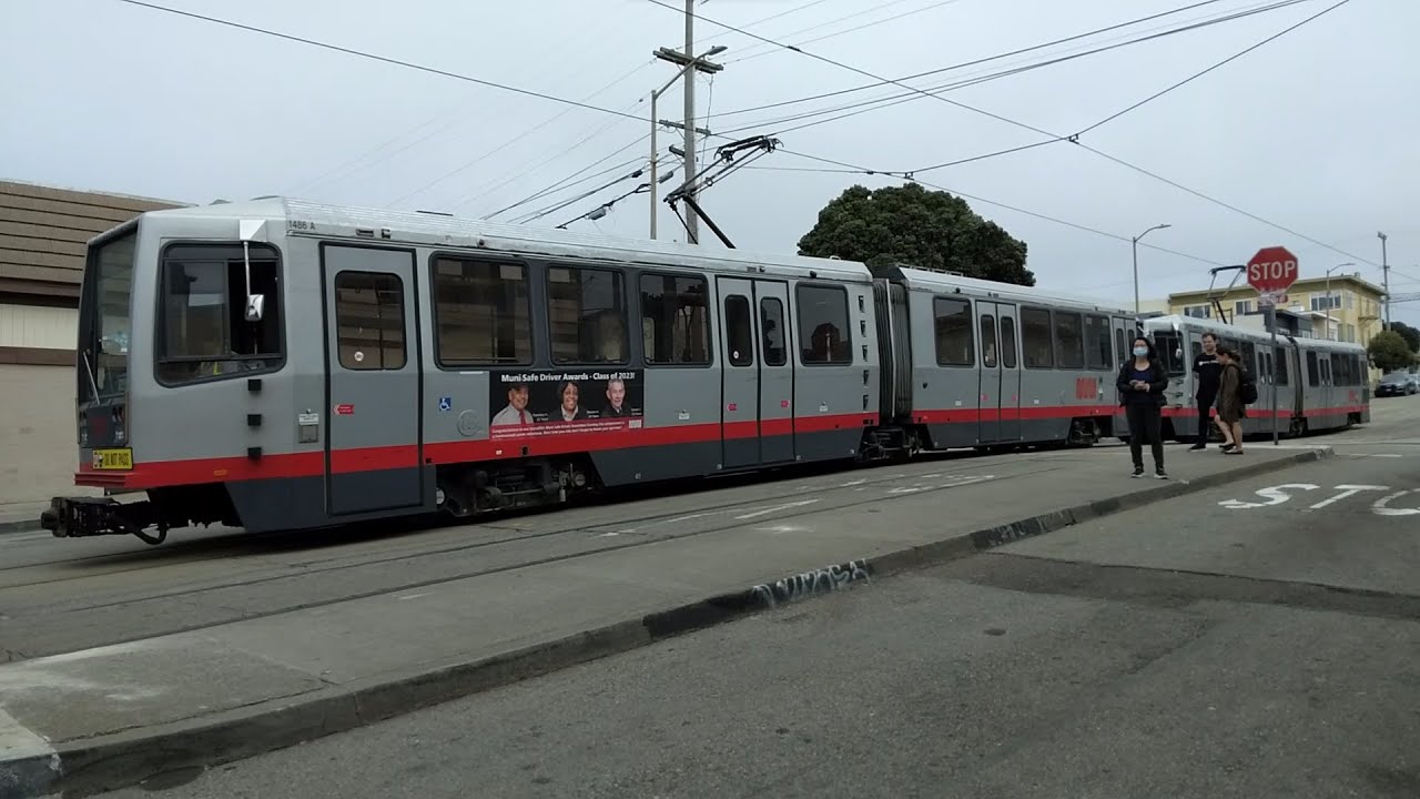 SF Muni 2-Car Breda LRV3 Train 1486+1538 on Route N Judah Departs Judah ...