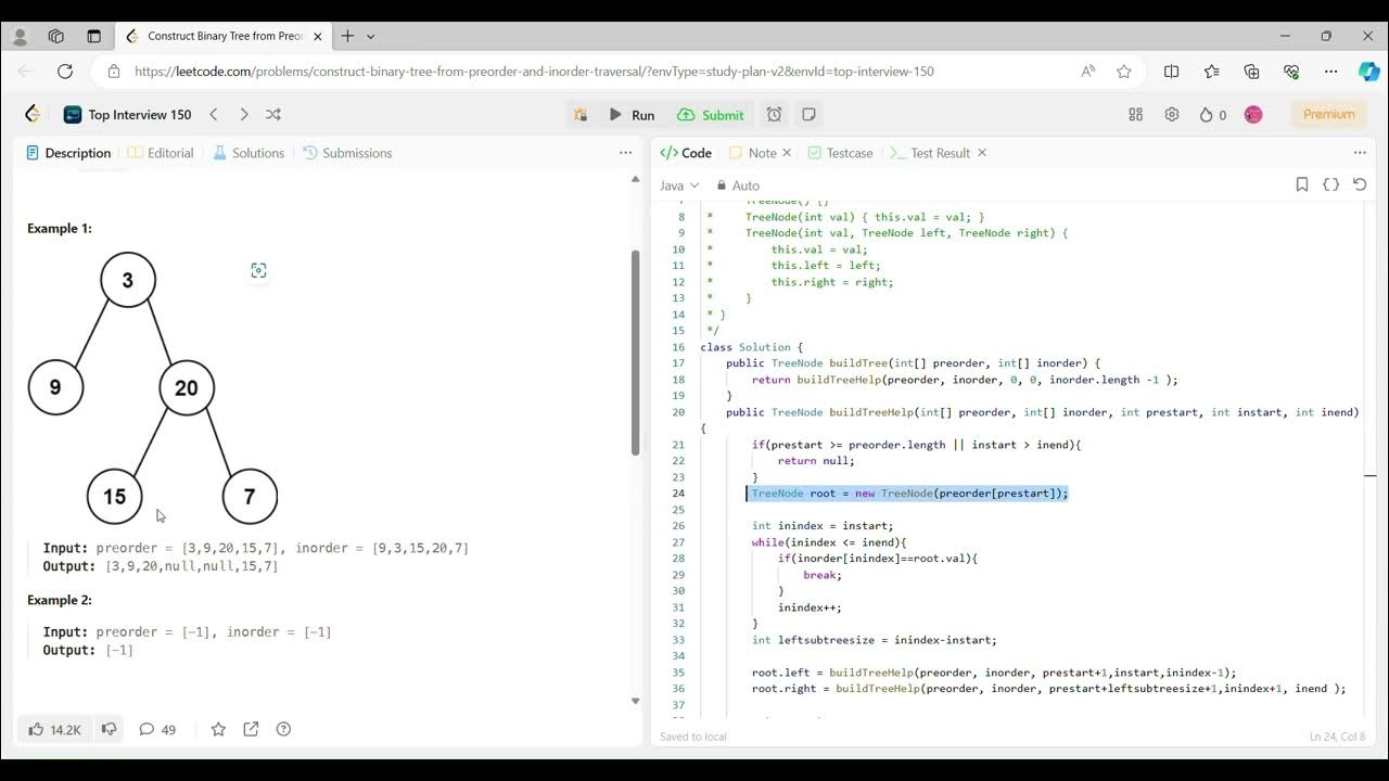 Binary Tree from Preorder and Inorder Traversal in Hindi | Leetcode | Each line explained | Java ...