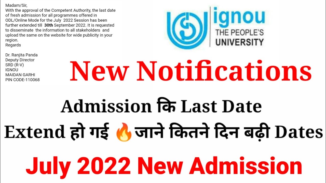 IGNOU Official Update | July 2022 New Admission Last Date Extended Till ...