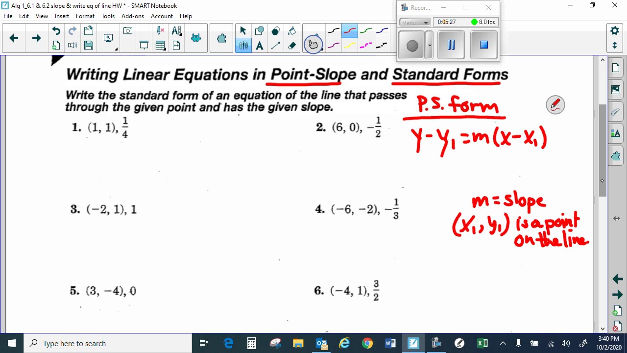 Alg 1 6 1 & 6 2 slope & write eq of line HW 9 min - YouTube