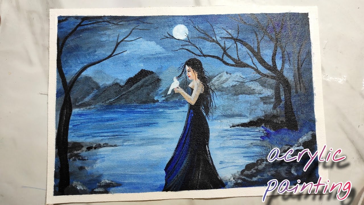 Simple night view scenery with women painting | acrylic painting for ...