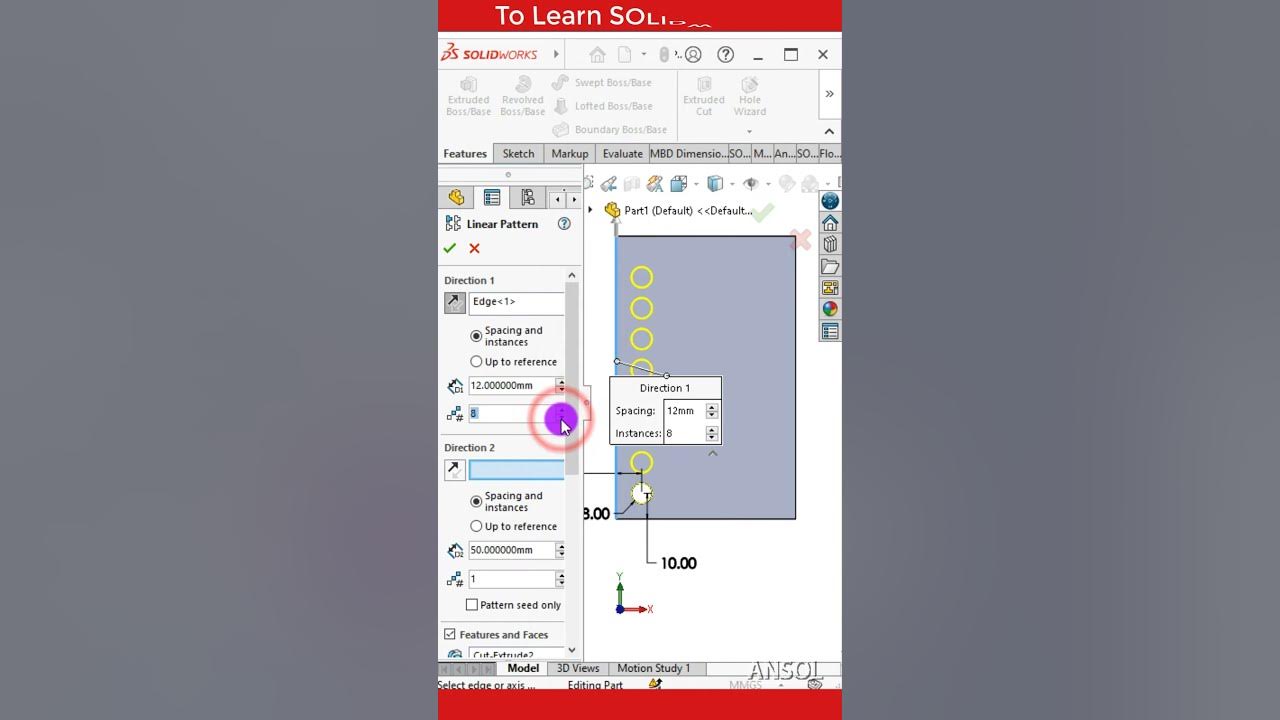 Solidworks Linear Pattern with Instances to Skip Option - YouTube