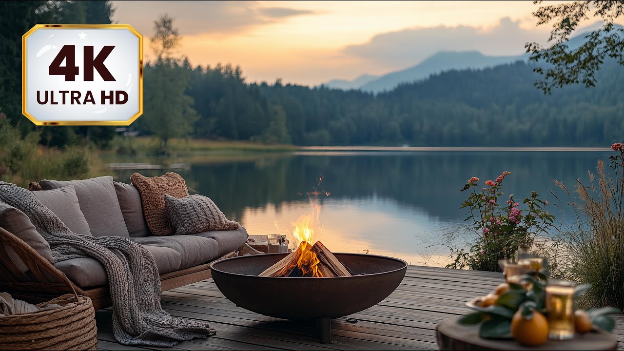 4K Cozy Lakeside Fire Pit Ambience | Crackling Fire Sounds for Deep ...
