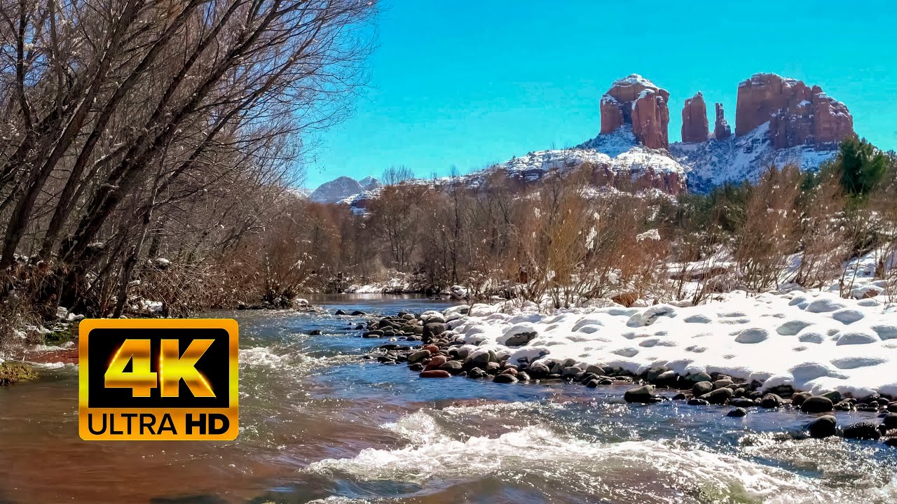 4K Relaxing Winter Nature Video - Calming River Sounds - Snowy ...