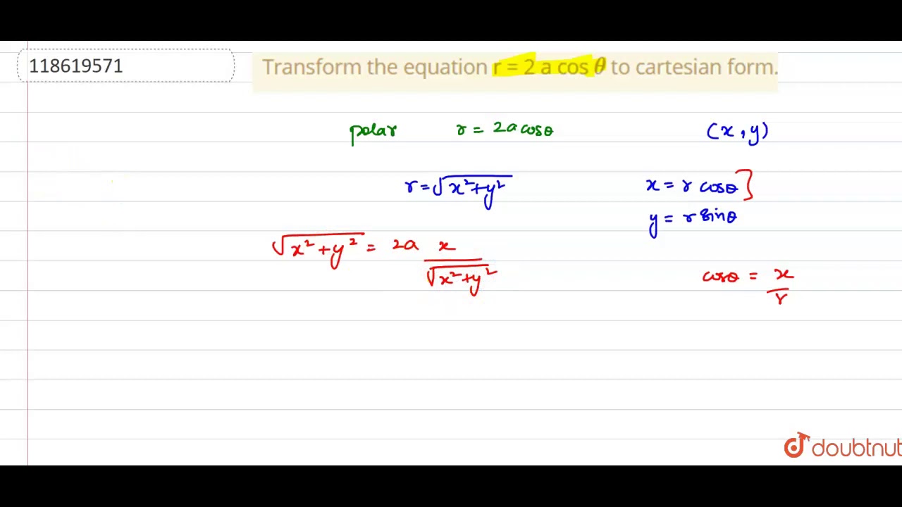 Transform The Equation R 2 A Cos theta To Cartesian Form YouTube